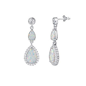 FANCIME October Birthstone Earrings Created Opal Dangle Earrings Sterling Silver 2 Stones White Fire Opal Halo Cubic Zirconia Long Teardrop Earrings for Women