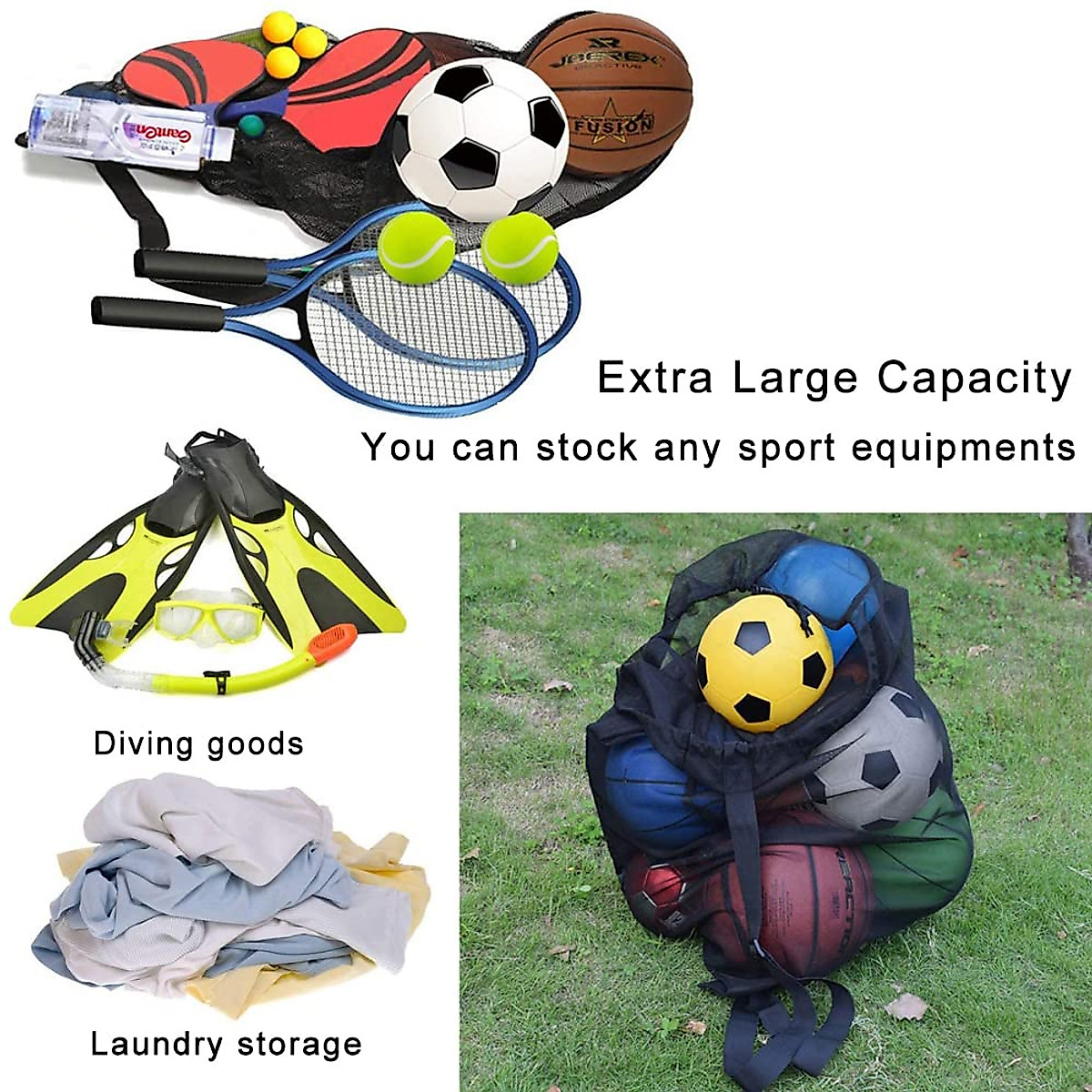 Rudmox Extra Large Mesh Ball Bag, Holding Basketball, Baseball, Swimming Gear or Beach Toy with Shoulder Strap Bottle Holder and Adjustable Shoulder Strap for Sports Team and Coach (Black)