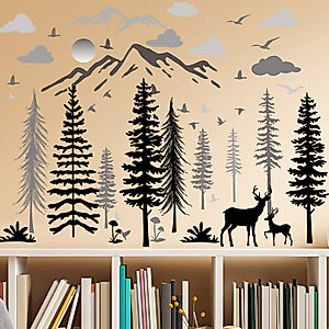 8 Pieces Winter Forest Wall Stickers Nursery Snowflake Wall Decals Dreamy Forest Wall Stickers Deer Pine Tree Wall Decals Woodland Trees Wall Decals for Kids Room Winter Decor(Black, White, Gray)