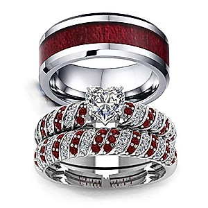 Couple Ring Bridal Set His and Hers Women 10k White Gold Filled Heart Garnet CZ Men Titanium Band 10k Wedding Ring Band Set