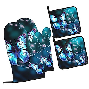 Oven Mitts and Pot Holders Set of 4 Beautiful Butterfly Print Kitchen Oven Glove Fashion Heat Resistant Oven Gloves Set for BBQ Grill Baking Cooking Oven Microwave