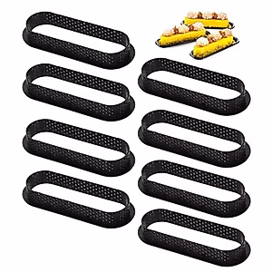 FOVIUPET 8pcs Oval Tart Rings Oval Tart Bottom Tower Cake Ring Mold Carbon Fiber Non Stick Perforated Tart Rings for Mousse Cheese Cake Muffin Pie Kitchen Baking Tart Molds (Black Oval)