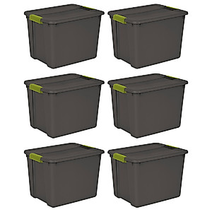Sterilite 12 Gallon Rectangular Plastic Latching Tote Storage Container with Indexed Lid and Green Molded Handles for Home Organization, Gray, 6-Pack