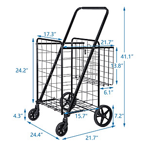 Smartxchoices Large Capacity Folding Shopping Cart with Swivel Wheels, Black, 66 Ibs
