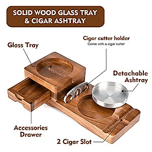 Scotte Cigar Ashtray Coaster Whiskey Glass Tray & Wooden Ash Tray with Cigar Cutter,Include Drawer and Cigar Slot Home Office Outdoor Ashtrays Great Cigar Accessories for Men