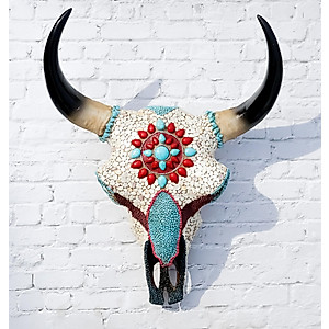 Ebros Gift 16.5" High Large Western Southwest Steer Bison Buffalo Bull Cow Skull Head with Mosaic Turquoise and Red Aztec Sun Teardrop Gems Design Wall Mount Decor Native Indian Accent Skulls