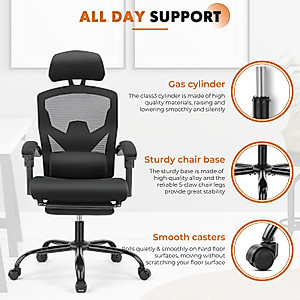 Sweetcrispy Office Computer Desk Chair, Ergonomic High-Back Mesh Rolling Work Swivel Chairs with Wheels, Comfortable Lumbar Support, Comfy Arms for Home, Bedroom, Study, Student, Black
