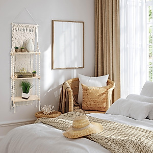 Creekview Home Emporium Hanging Plant Shelf Indoor Boho Decor - 3 Tier Macrame Shelf Wall Hanging Decor - Rope Boho Wall Art Wooden Floating Bookshelf for Kitchen, Bathroom or Bedroom