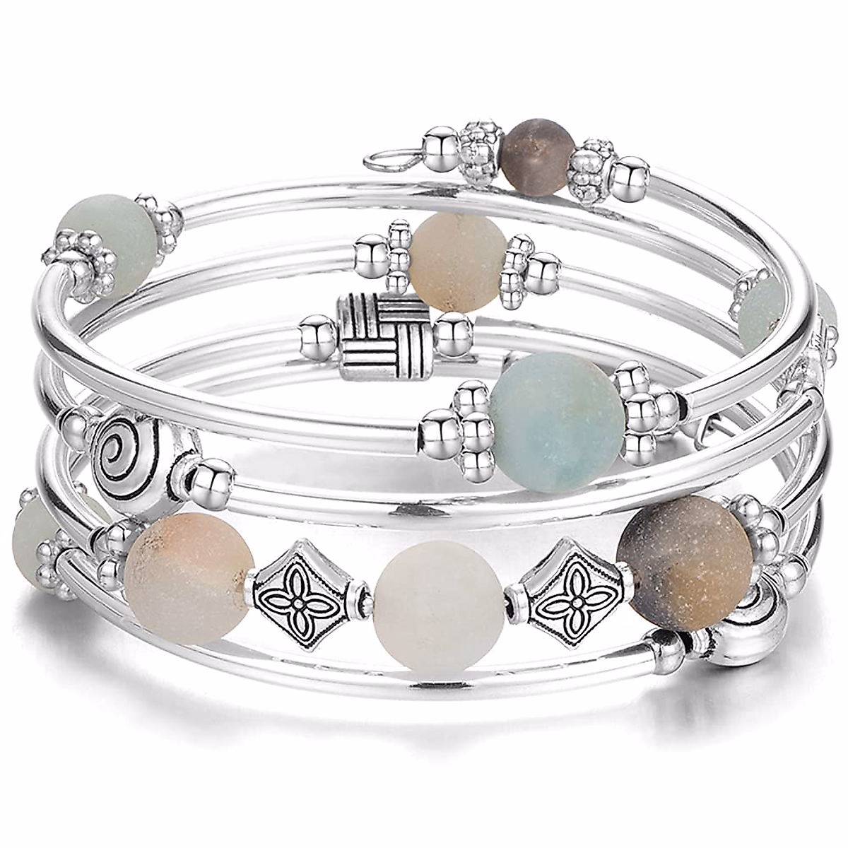 Beaded Pearl Bangle Wrap Bracelet - Fashion Bohemian Jewelry Multilayer Charm Bracelet with Thick Silver Metal Beads, Gift For Women (Green)