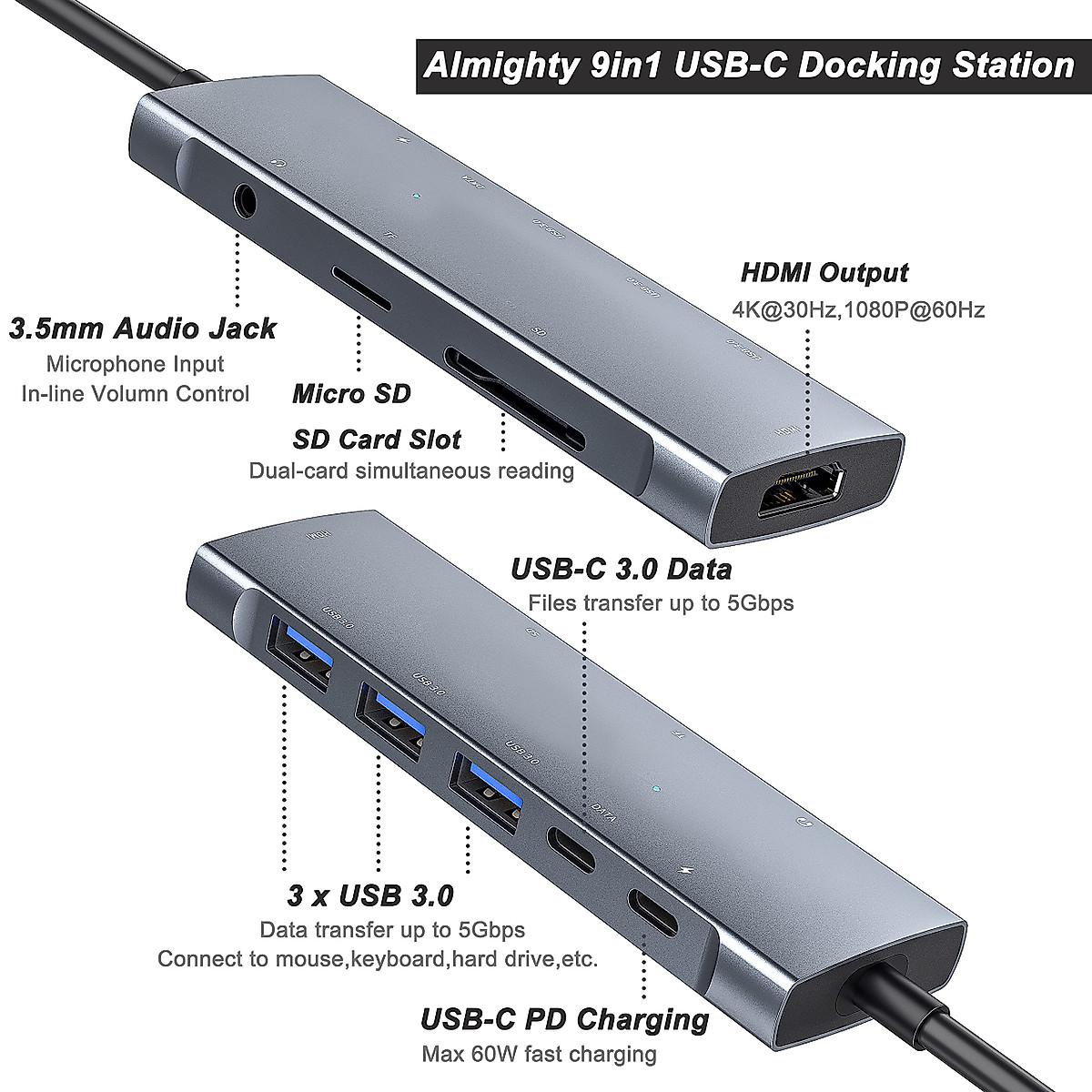 USB C Adapter Docking Station for iPad Pro M4 M2 M1,USB-C Multiport Adapter with 4K HDMI,3.5mm Jack,USB C PD,3 USB3.0,SD/TF Card Slot,for iPad Air iPad Mini MacBook iPhone 15