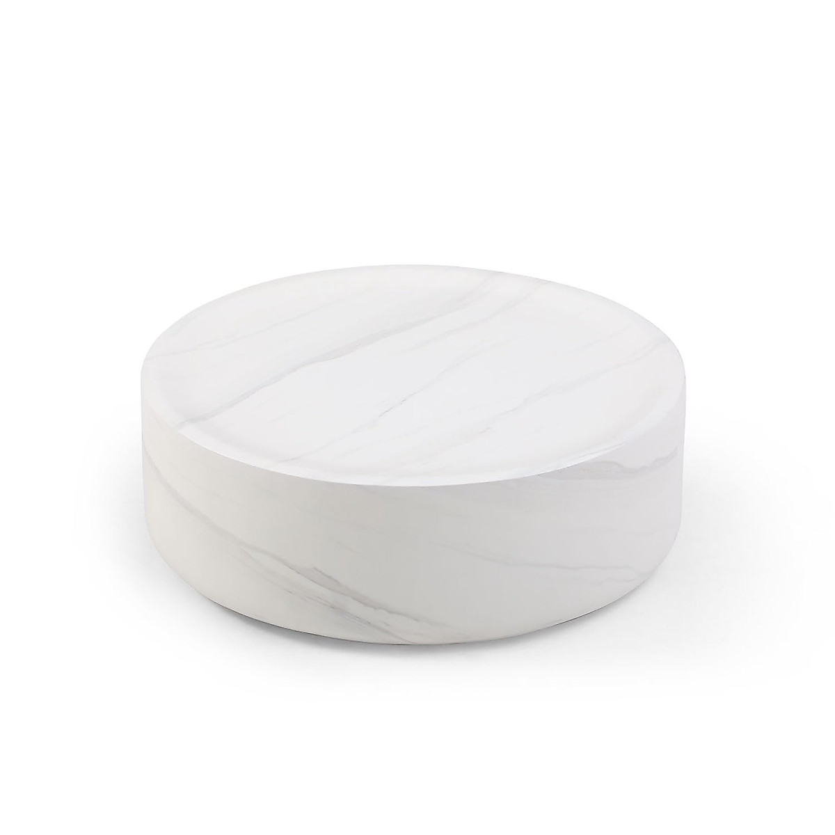 WILLIAMSPACE 35.43" Round White Coffee Table with Marble Texture, Modern Drum Circle Fiberglass Coffee Table Side Table End Table for Living Room, ø35.43"*11.81"H (White-Low Coffee Table)