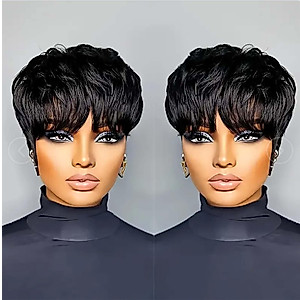 QiaQiaRing Pixie Cut Wigs For Black Women 9A Short Straight Human Hair Wigs with Bangs Short Layered Pixie Wigs for Black Women Natural Black Color Glueless Wigs Full Machine Made