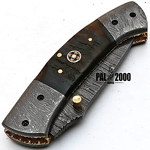 PAL 2000 KNIVES REG-8851 Custom Handmade Damascus Steel Folding Ram Handle Knife With Sheath
