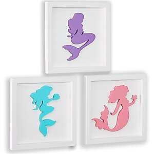 Mermaid Room Decor for Girls Bedroom, 3D Mermaid Wooden Framed Set of 3 Wall Decor, Mermaid Bathroom Accessories, Purple Aqua Pink Nursery Accessories, Hanging Wall Art, Little Mermaid Gift