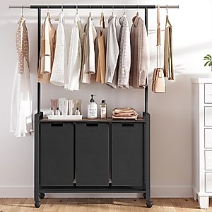 IDEALHOUSE Laundry Sorter, Rolling Laundry Hamper with Hanging Rack, Laundry Hamper 3-Section with Wheels, Hampers for Laundry, Laundry Basket Organizer for Laundry Room, Rustic Brown