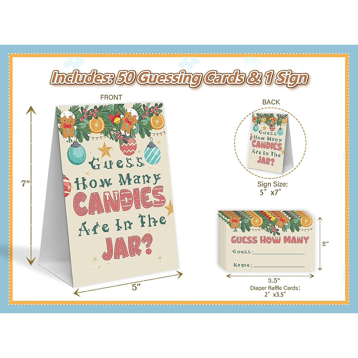 Christmas Gingerbread Baby Shower Decorations,Guess How Many,Baby Shower Game,Bridal Shower Candy,Christmas Baby Shower,Halloween Party Supplies,1 Sign & 50 Guess Cards-D9