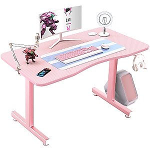Vitesse Pink Gaming Desk 40 Inch Cute Kawaii Computer Table T Shaped Girl Gamer Workstation Home Office with Carbon Fiber Surface and Headphone Hook (Pink) 40*28*21.5
