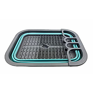 SAMMART 7.3L (1.9 Gallon) Collapsible Dish Drainer with Drainer Board - Foldable Drying Rack Set - Portable Dinnerware Organizer - Space Saving Kitchen Storage Tray (Grey/Crystal Blue)