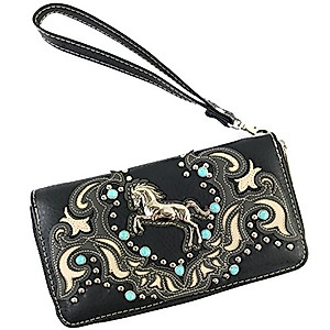 Justin West Horse Embroidery Studded Turquoise Stone Concealed Carry Handbag Purse Matching Wallet (Black Beige Handbag and Wallet Set)