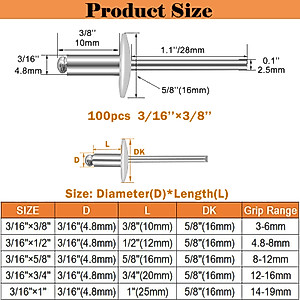 Sunxeke 100pcs Aluminum Large Flange Blind Rivets, 3/16 x 3/8 inch, Flange Diameter 5/8 inch(16 mm), Pop Rivets Assortment Kit Blind Rivet by Bolt Dropper, Grip Range(3-6mm)