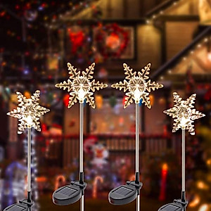 Glintoper 4 Pack Solar Christmas Snowflakes Figurine Lights, Outdoor Solar Powered Snowflake Decorative Lights with Garden Stakes, Warm White LED Xmas Lighting Yard Stake for Path Lawn Patio Decor