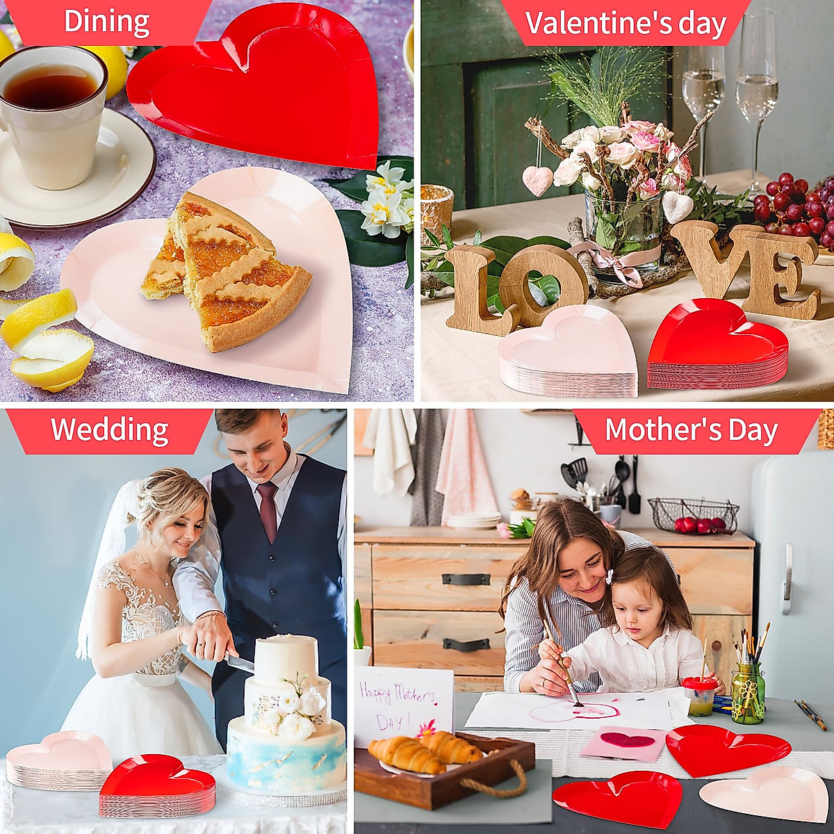 DYLIVeS Pink Heart Shaped Dessert Plates, 9'' Disposable Love Paper Plates Heart Party Decorations Heart Party Supplies for Graduation, Holiday, Wedding, Birthday Party, Bridal Shower (40 Count)