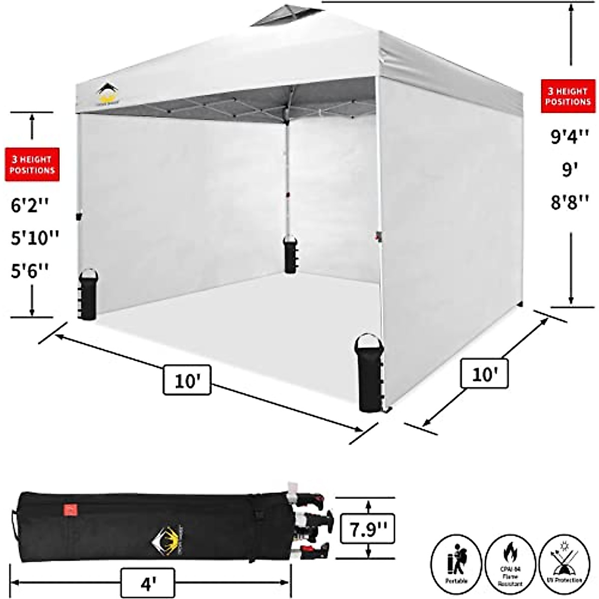 CROWN SHADES Comercial Instant Canopy Pop Up Tent 10X10 (10x10 with 4 Sidewalls, White)