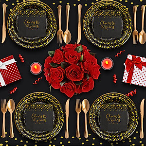 Sparkles Hub 50th Birthday Party Supplies Tableware Serves 24: 9" Paper Plates 7" Plate 9 Oz Cups Napkins Forks Knives Tablecloth 50th Birthday Black & Gold Dot Themed Disposable Dinnerware