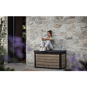 Keter Ashwood 100 Gallon Resin Deck Box Organization and Storage for Patio Furniture Outdoor Cushions, Throw Pillows, Garden Tools and Pool Toys, Brown
