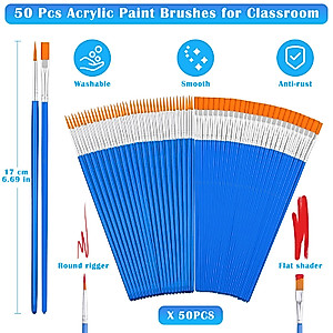 Small Paint Brushes Bulk, Anezus 50 Pcs Flat Tip Round Acrylic Paint Brushes for Kids Classroom Acrylic Watercolor Canvas Face Painting Touch Up
