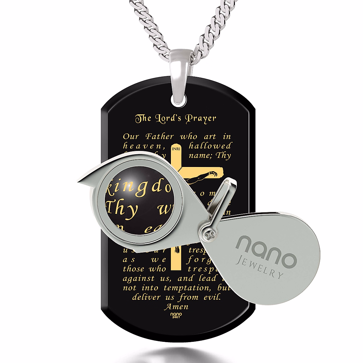 Lord's Prayer Crucifix Cross Necklace Onyx Dog Tag Pendant 24k Gold Inscribed, 20" 925 Sterling Silver
