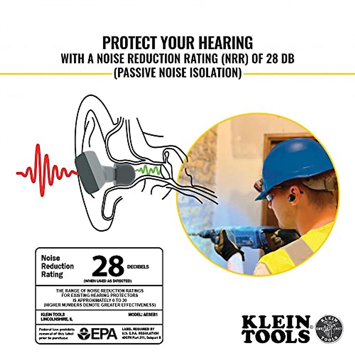 Klein Tools AESEB1 Bluetooth Jobsite Earbuds, Wireless Hearing Protection Earplugs with 28dB Noise Reduction Rating, 15-Hour Playtime