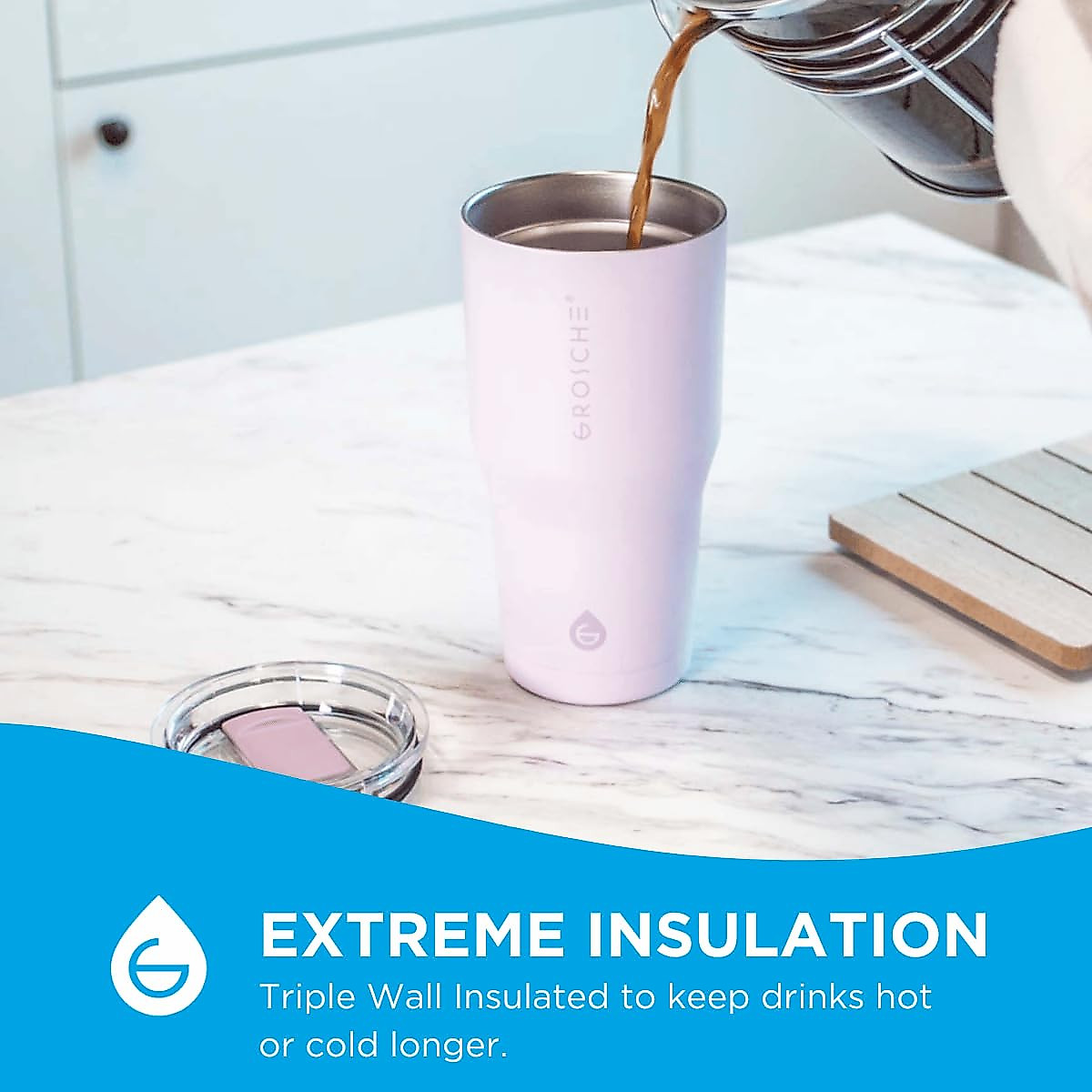 GROSCHE Yukon 30 oz Insulated Coffee Mug with Lid - Durable Travel Mug, Stainless Steel Tumblers, Vacuum Insulated Coffee Tumbler for Hot or Cold Beverages - LAVENDER