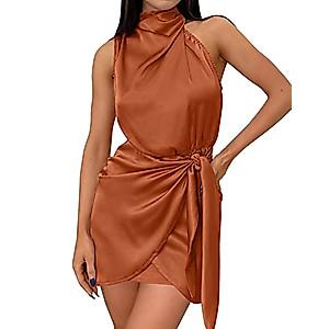 ZESICA Women's 2023 Fashion Satin Sleeveless Halter Neck Tie Waist Wrap Bodycon Cocktail Party Mini Dress,Rust,Medium