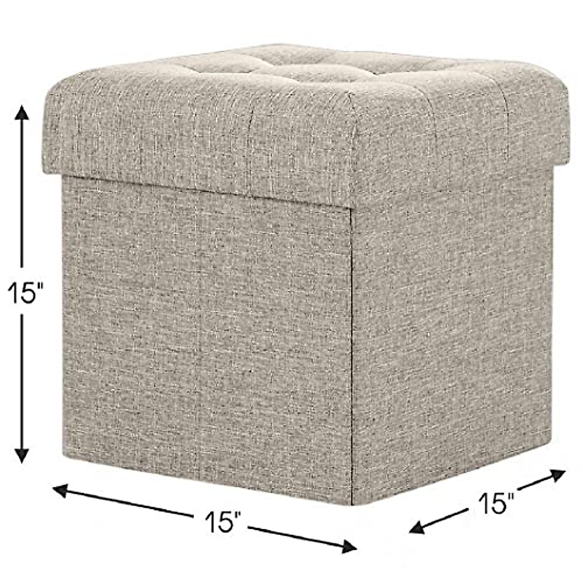 Ornavo Home Foldable Tufted Linen Storage Ottoman Square Cube Foot Rest Stool/Seat - 15" x 15" x 15" (Beige)