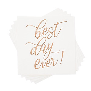 BLUE PANDA 50-Pack Best Day Ever Napkins - Disposable Napkins for Wedding Reception, Bridal Shower, Engagement Party (Rose Gold, 5x5 In)