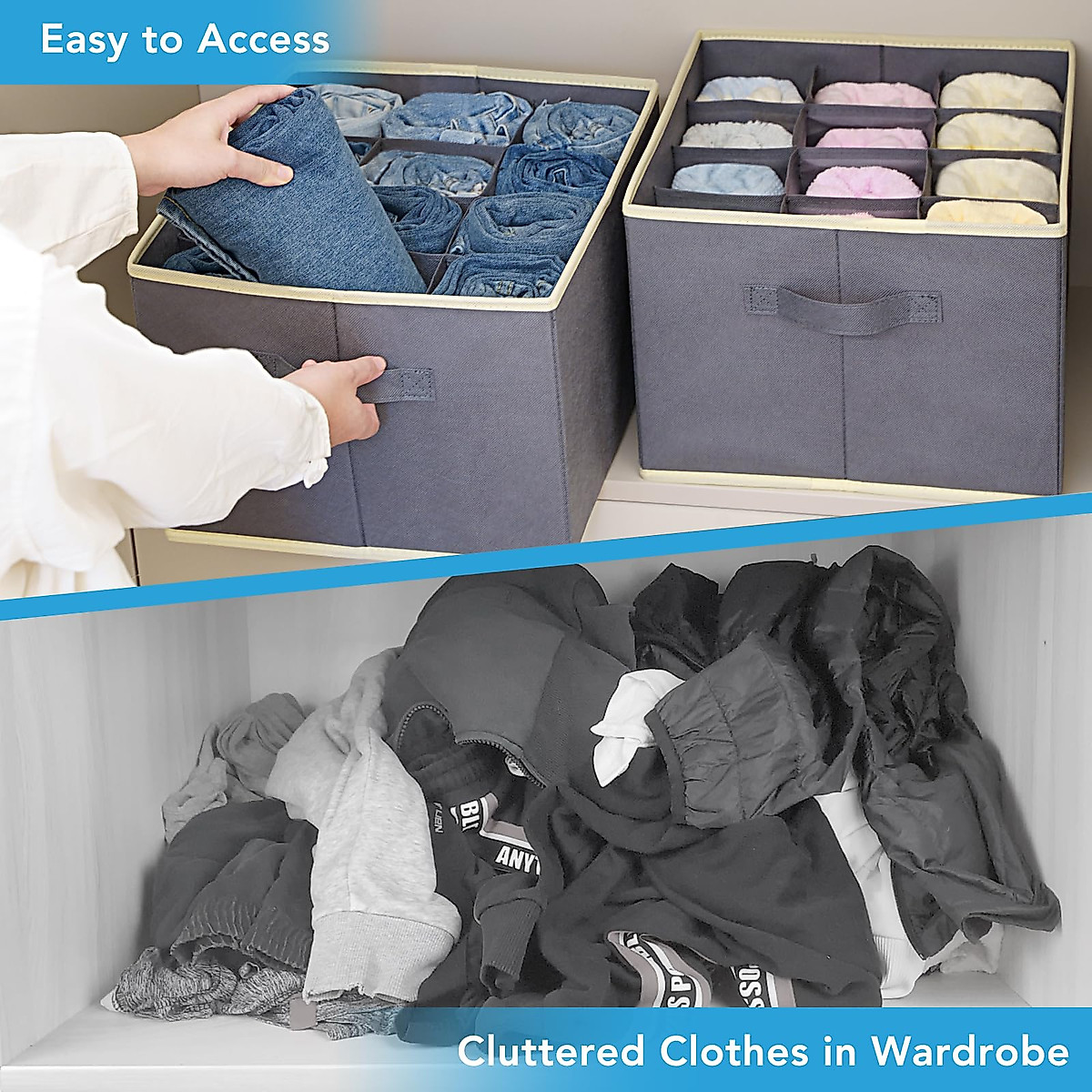 Baesyhom 3 Pcs 12 Cell Large Size Pants Organizers for Clothes, Jeans, Sweater, T-shirt, Dress Stackable for Wardrobe Closet Drawer Organizer Storage Bin Container, Dark Grey