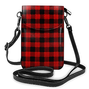 YongColer Fashionable Red Black Buffalo Check Plaid Pattern Cell Phone Small Shoulders Bag Crossbody Pouch Smartphone Outdoor Pack For Travel Work Shopping Walking