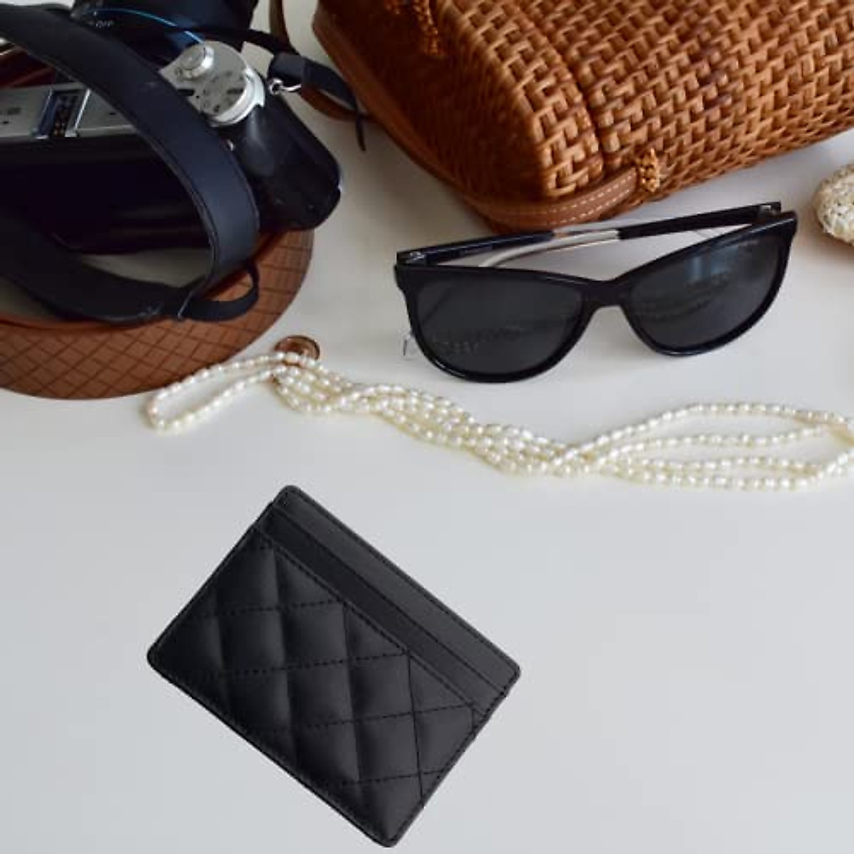 Slim Quilted Leather Card Holder Wallet with RFID Blocking