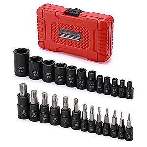 Mayouko 25PCS 1/4",3/8",1/2" Drive Torx Bit and External Socket Set,12 Female E-Torx Sockets and 13 Star Socket Bits