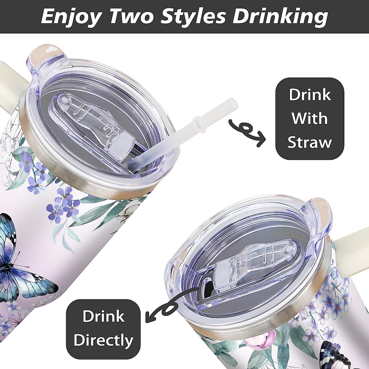 Thmasamwr Butterfly Tumbler With Lid, Straw and Handle - 40oz Stainless Steel Travel Coffee Mug Water Bottle - Gift Cup for Women and Girls