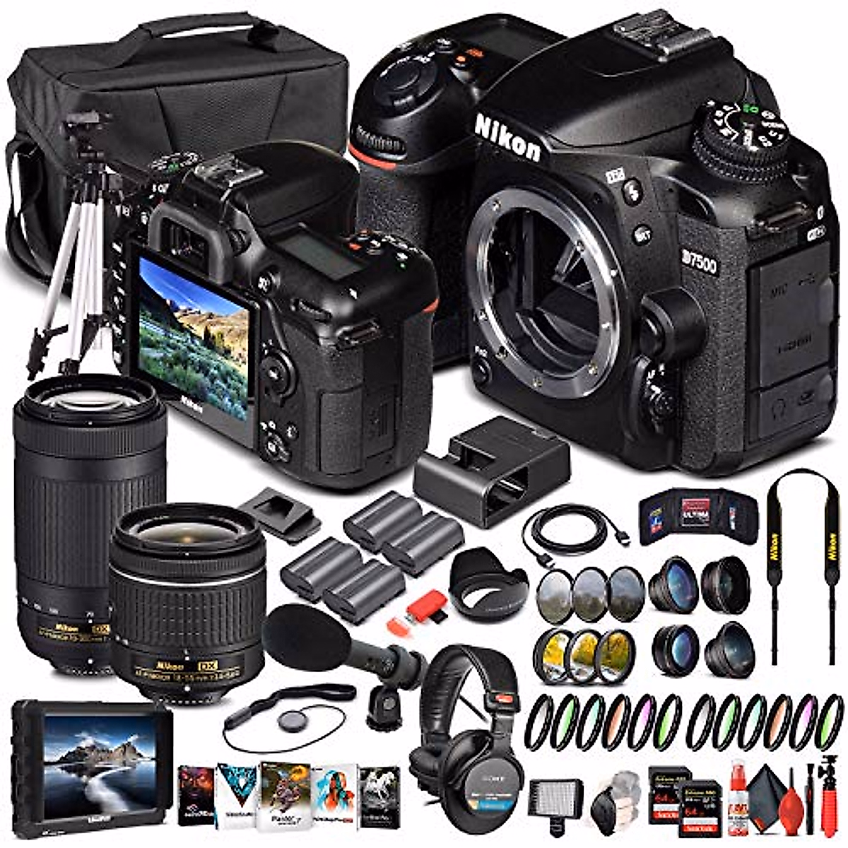 Nikon D7500 DSLR Camera (Body Only) (1581) + Nikon 70-300mm Lens + 18-55mm Lens + 4K Monitor + Pro Headphones + Pro Mic + 2 x 64GB Memory Card + Case + Corel Software + Pro Tripod + More (Renewed)