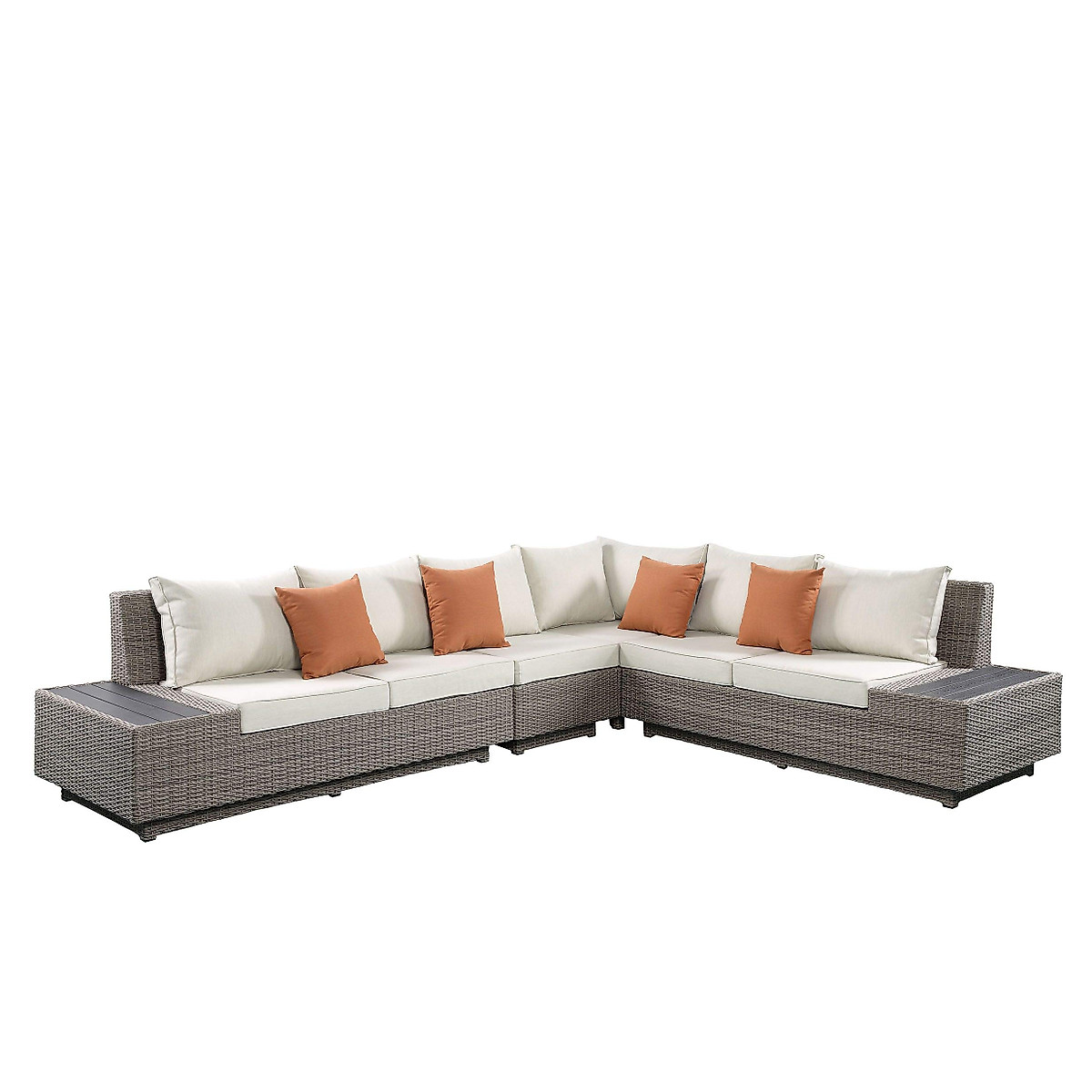 DHPM Furniture PE Brown Rattan Wicker Sectional Outdoor Sofa Set Outside Couch w/Washable Seat Cushions & Modern Glass Wedge Table for Patio, Backyard, Gray