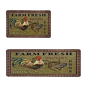 Rooster Kitchen Rugs 2/5 Inch Thick Cushioned Anti Fatigue Kitchen Floor Mat,Set 2 Farmhouse Buffalo Plaid Non Slip Floor Runner Rug Comfort Mat Carpet for Laundry Office,17.3" x 28" + 17.3" x 47"