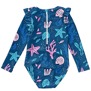 BesserBay One Piece Ruffle Trim Navy Starfish Swimsuit Sun Protective Rashguard for Baby Girls 6-12 Months
