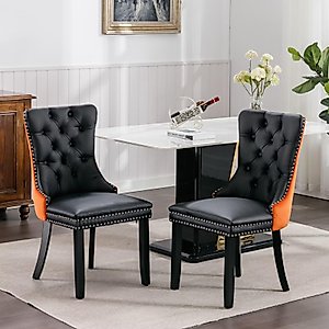 PU Leather Dining Chairs Set of 2, Upholstered Tufted Dining Room Chairs with Nailhead Trim, Ring Pull and Solid Wood Legs, Luxury Wingback Dining Chairs for Living Room Kitchen, Black+Orange
