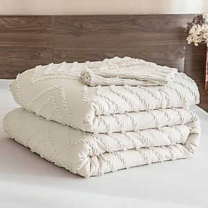 Andency King Size Comforter Set Beige, Boho Cream Soft Warm Tufted Neutral Bedding Comforter Sets for King Size Bed, 3 Pieces Aesthetic Chevron Farmhouse Cute Bohemian Textured Bedding Set