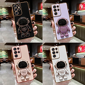 AIGOMARA 6D Plating Astronaut Hidden Stand Case Cover for Samsung Galaxy S21 Ultra 5G Women Astronaut Folding Bracket Kickstand iPhone Case with Camera Protector Soft TPU Shockproof Bumper - Pink