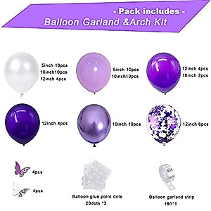 Purple Balloons Garland Arch Kit for Butterfly Baby Shower Decorations for Girl,8 Pcs Butterfly Stickers Lavender Purple Confetti Metallic Balloon for Birthday Wedding Party Decoration