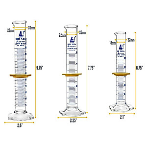 EISCO Premium Graduated Cylinder Set - 25mL, 50mL & 100mL - ASTM, Class A - Protective Collars, Hexagonal Base - Blue Graduations - Borosilicate 3.3 Glass